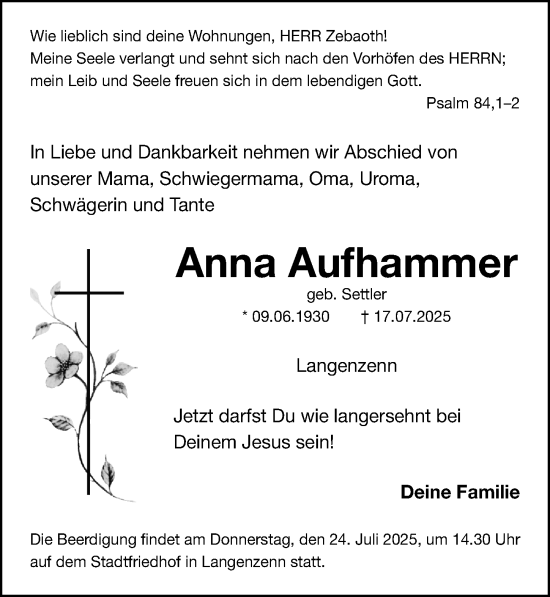 Traueranzeigen von Anna Aufhammer | trauer.nn.de