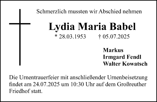 Traueranzeigen von Lydia Maria Babel | trauer.nn.de